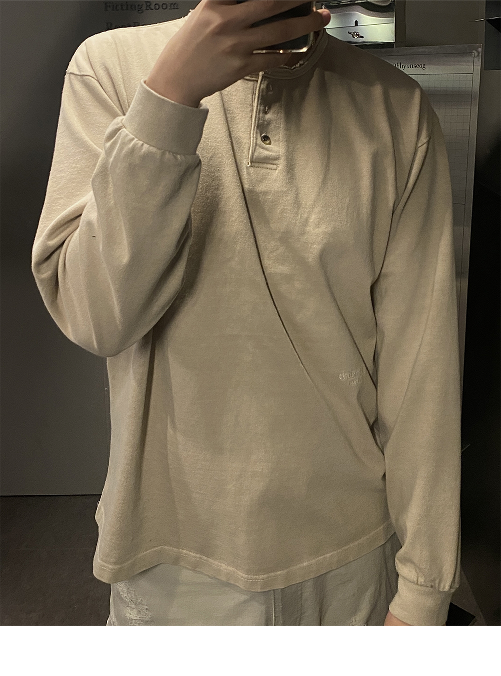 언더마이카 무.89 안티 Fxxking 로고 플레이 브러시 워시드 헨리넥 셔츠 샌드 | Undermycar | KREAM