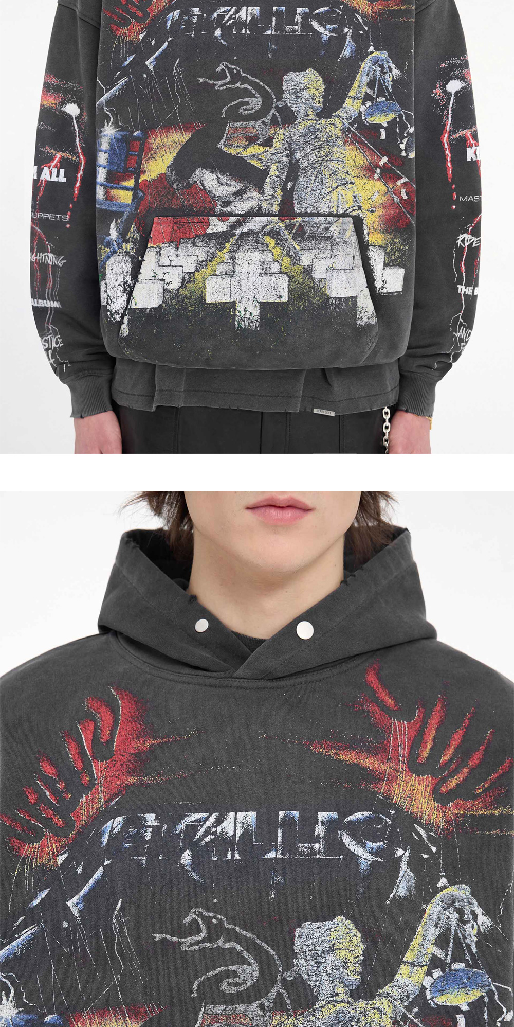 리프레젠트 x 메탈리카 마스터 오브 퍼펫츠 후디 빈티지 그레이 - 25SS | Represent | KREAM