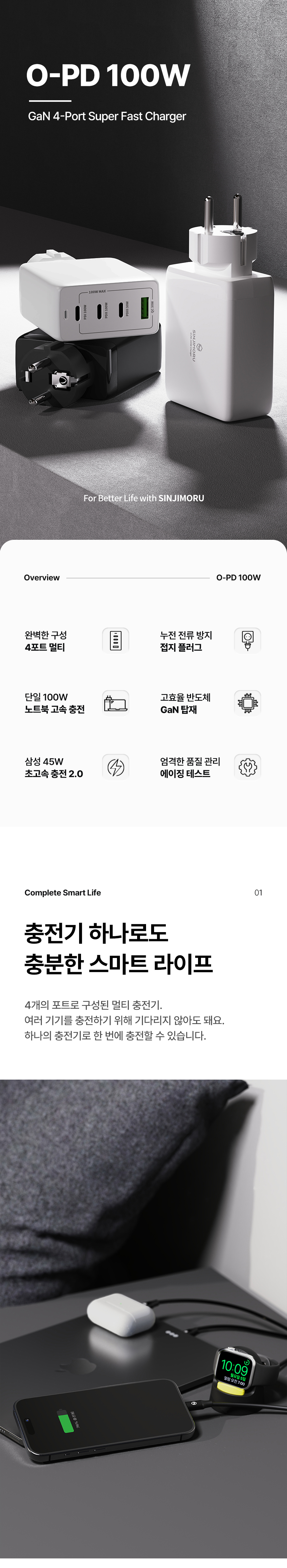 신지모루 GaN 100w USB C 타입 초고속 4포트 멀티 PD 충전기 어댑터 블랙 | SINJIMORU | KREAM