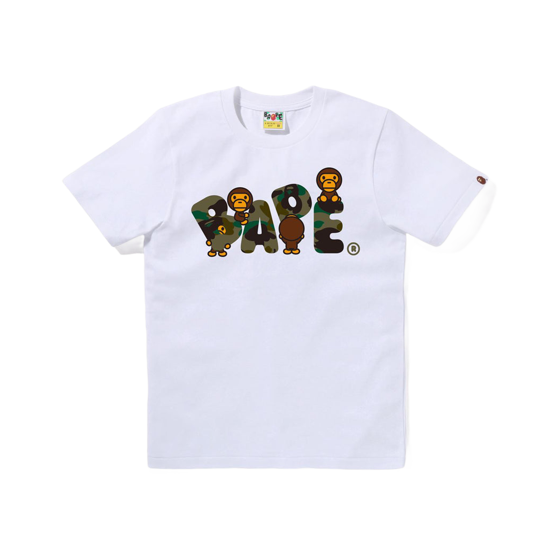 (W) 베이프 퍼스트 카모 마일로 베이프 로고 티셔츠 화이트 그린 | BAPE | KREAM