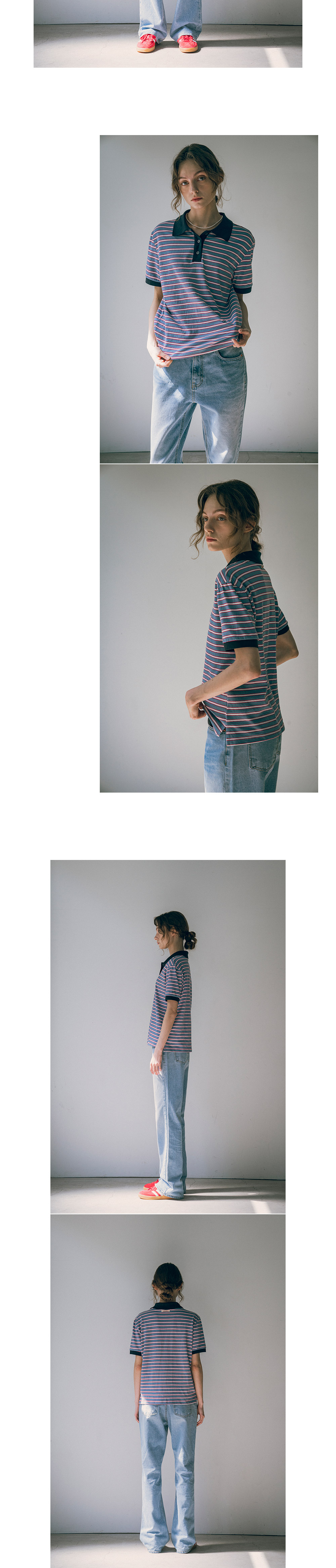 반원 아틀리에 A3481 스트라이프 피케 티셔츠 스카이 블루 & 네이비 | Vanone Atelier | KREAM