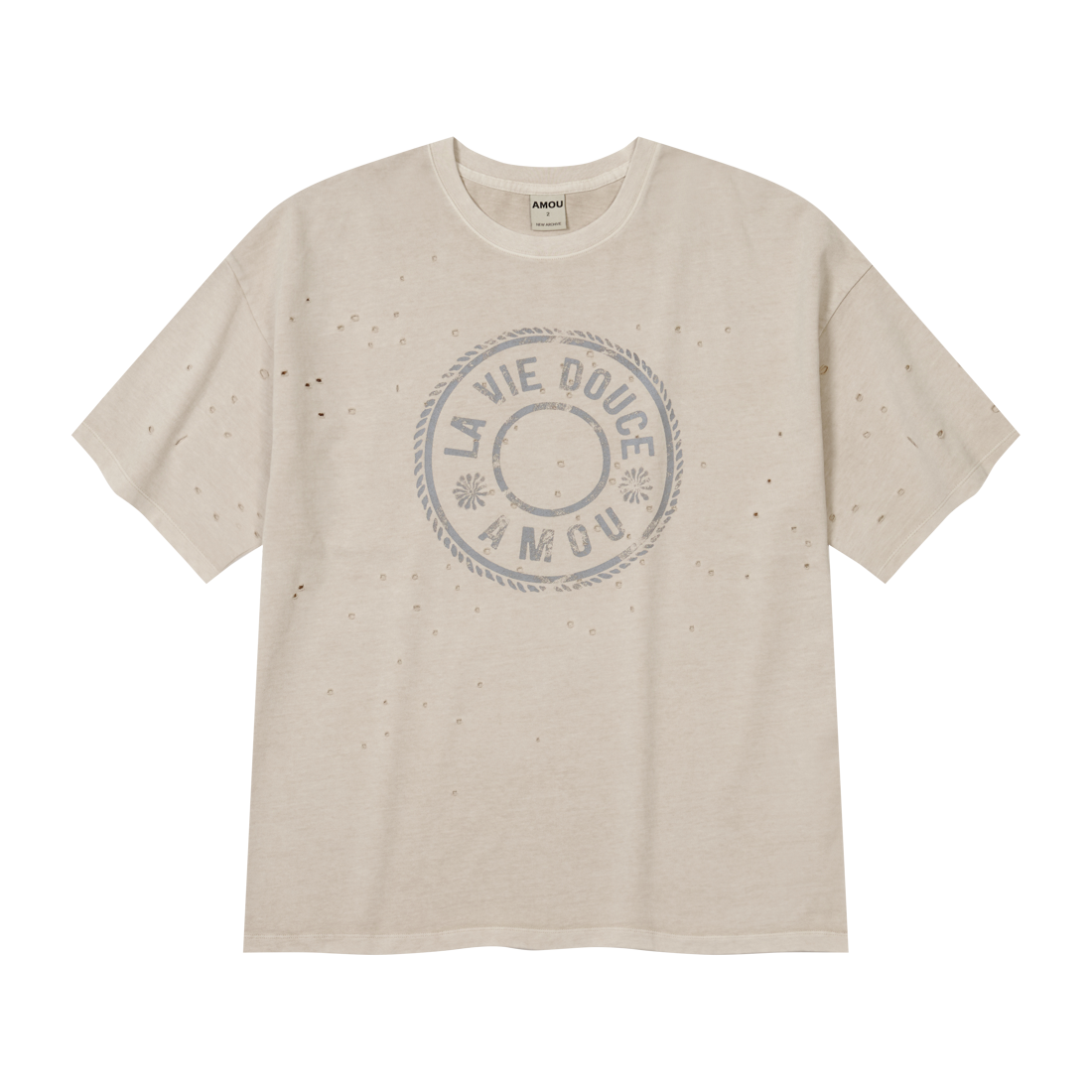 아모우 디스트레드 왁스 씰 하프 티셔츠 베이지 | AMOU | KREAM
