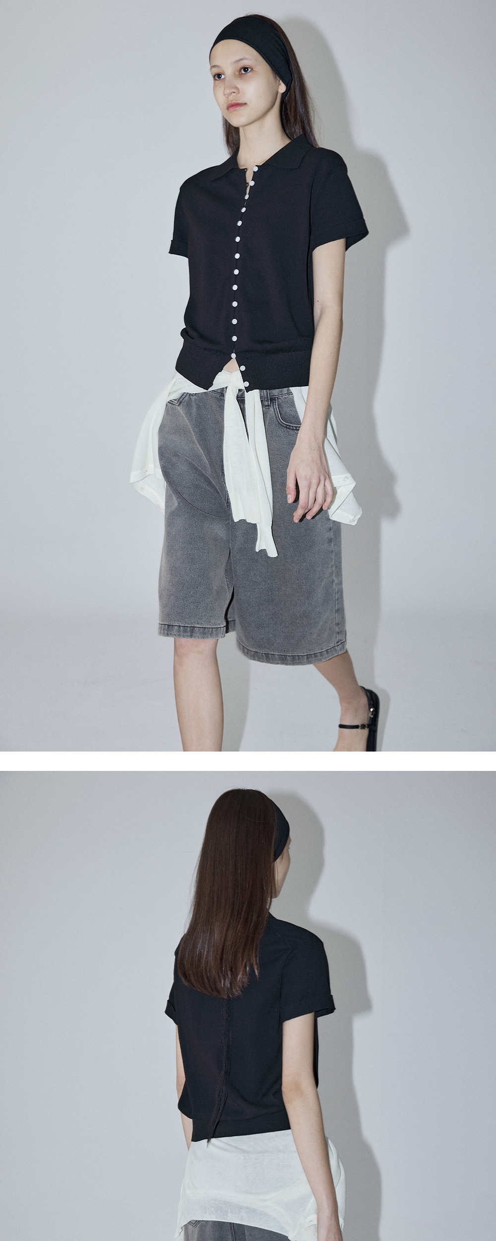 엔오르 우먼 콘트라스팅 버튼 셔츠 가디건 블랙 | ENOR | KREAM