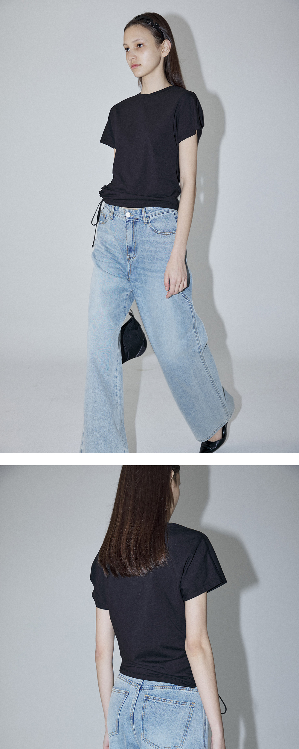 엔오르 우먼 사이드 홀 스트링 티셔츠 블랙 | ENOR | KREAM