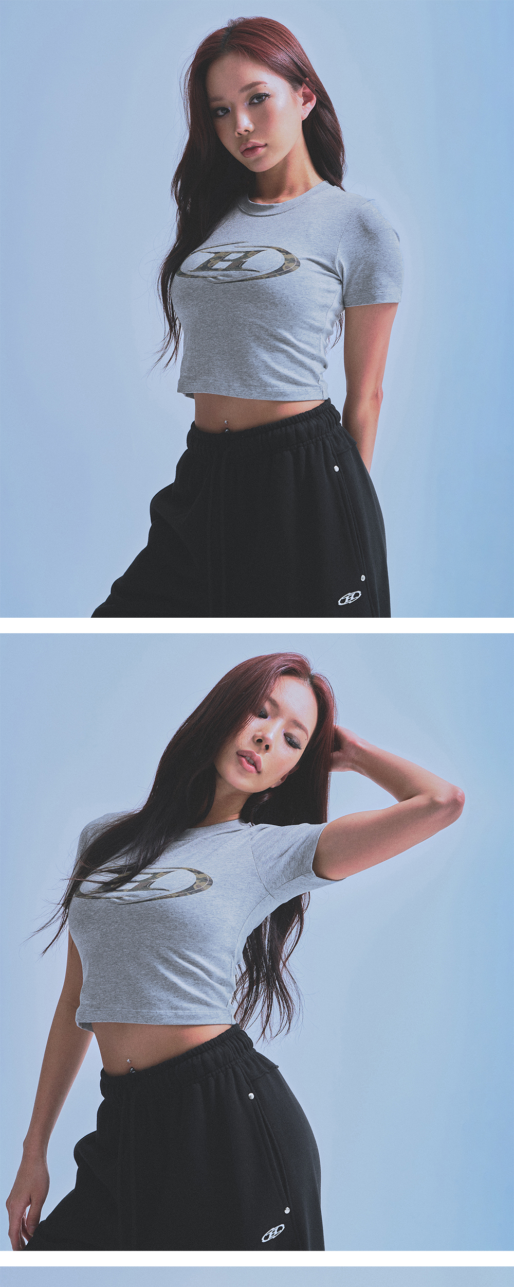 본투윈 우먼스 카모 B로고 세미 크롭 티셔츠 멜란지 그레이 | BORN TO WIN | KREAM