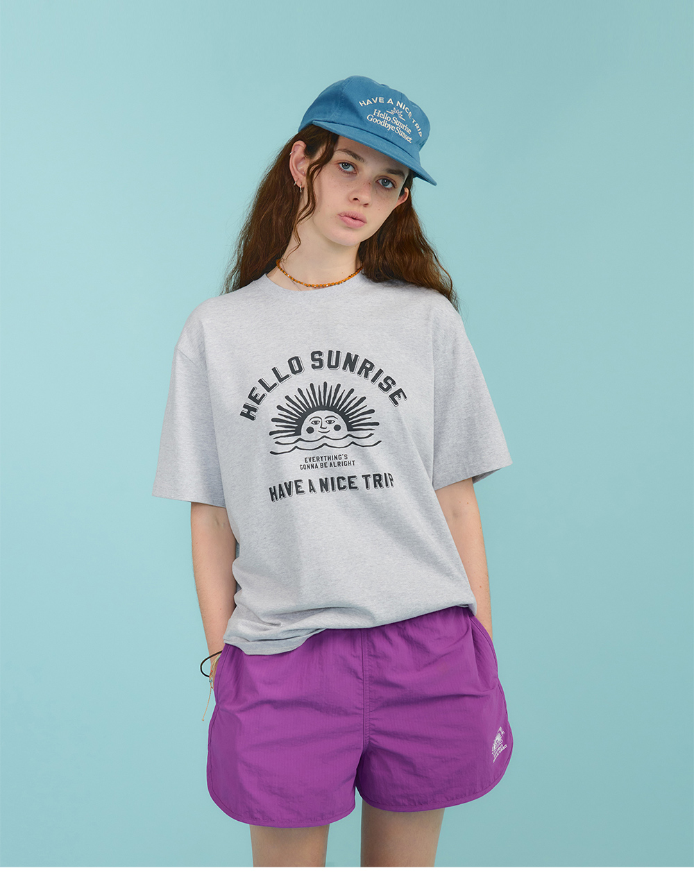 헬로선라이즈 워싱 타이포 아치 로고 6패널 캡 퍼시픽 블루 | Hello Sunrise | KREAM