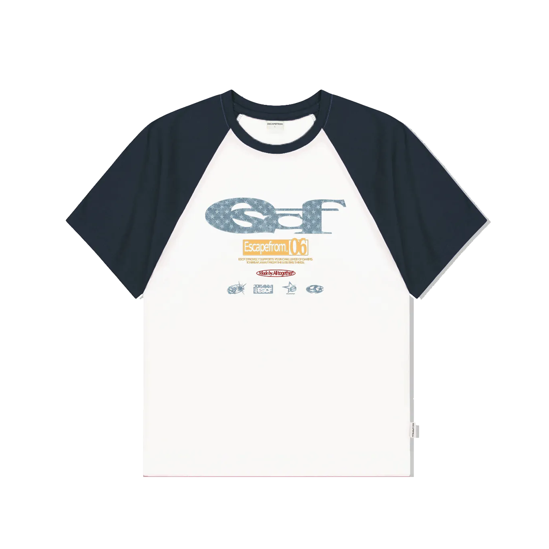 이스케이프프롬 별 데님 ESCF 로고 콜라주 프린트 래글런 배색 반팔티 네이비 | ESCAPEFROM | KREAM