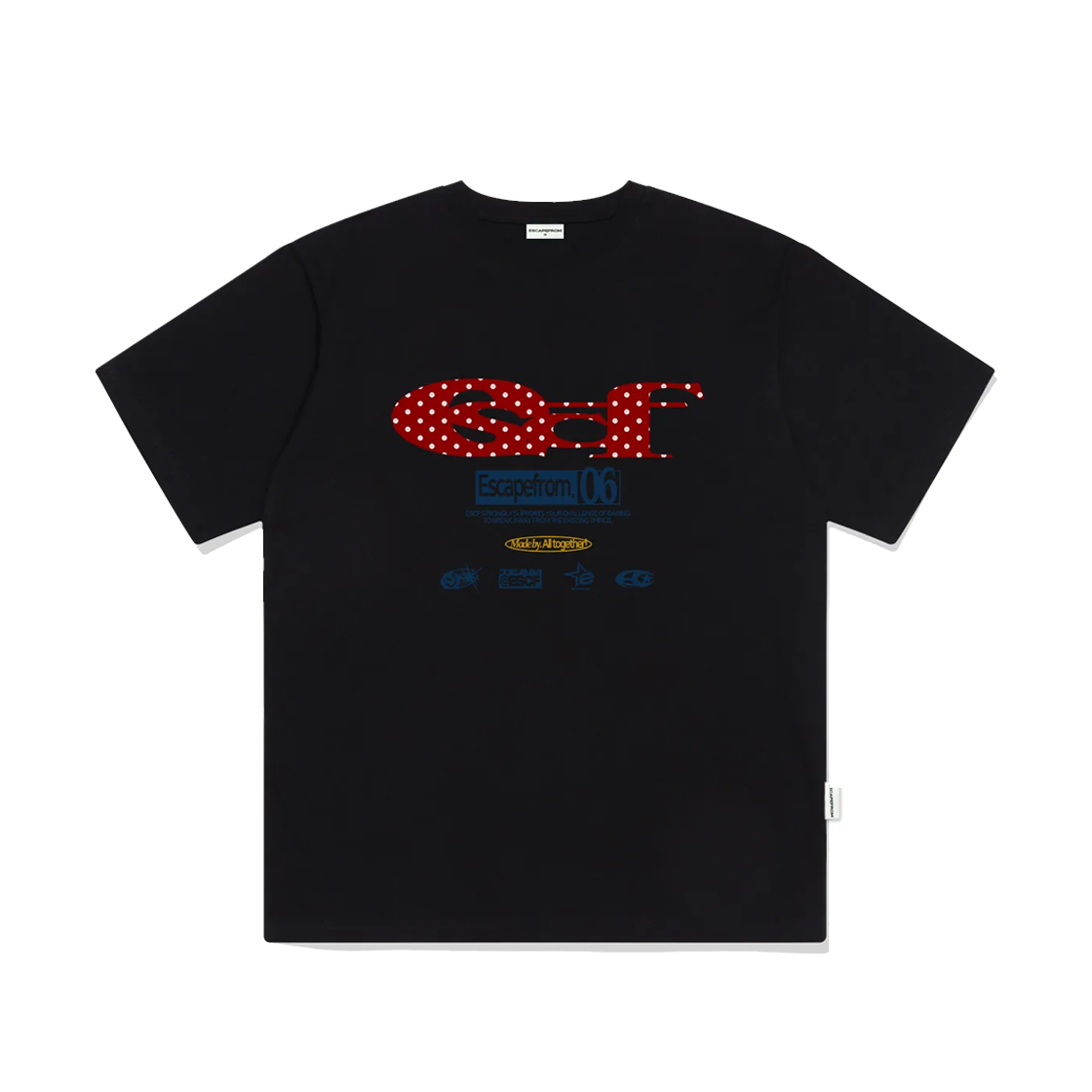 이스케이프프롬 레드 도트 ESCF 로고 콜라주 프린트 오버핏 반팔티 블랙 | ESCAPEFROM | KREAM