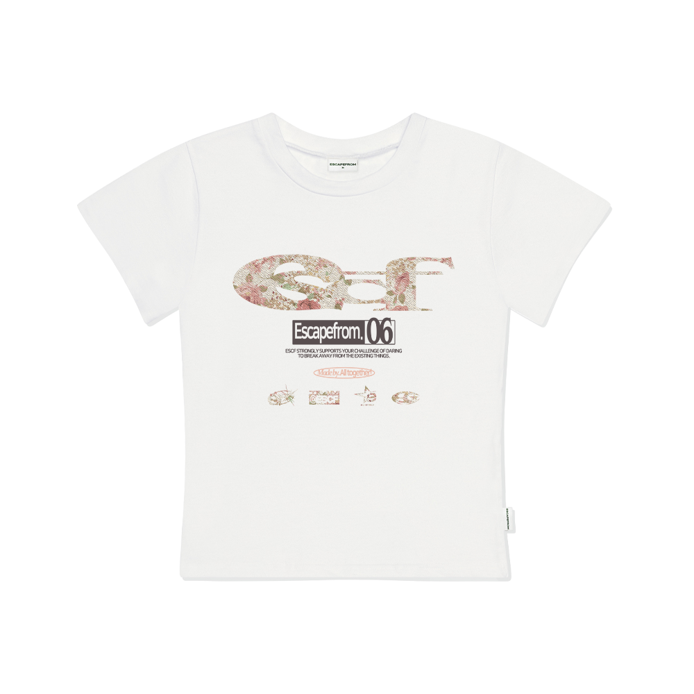 이스케이프프롬 플라워 ESCF 로고 콜라주 프린트 슬림핏 반팔티 아이보리 | ESCAPEFROM | KREAM