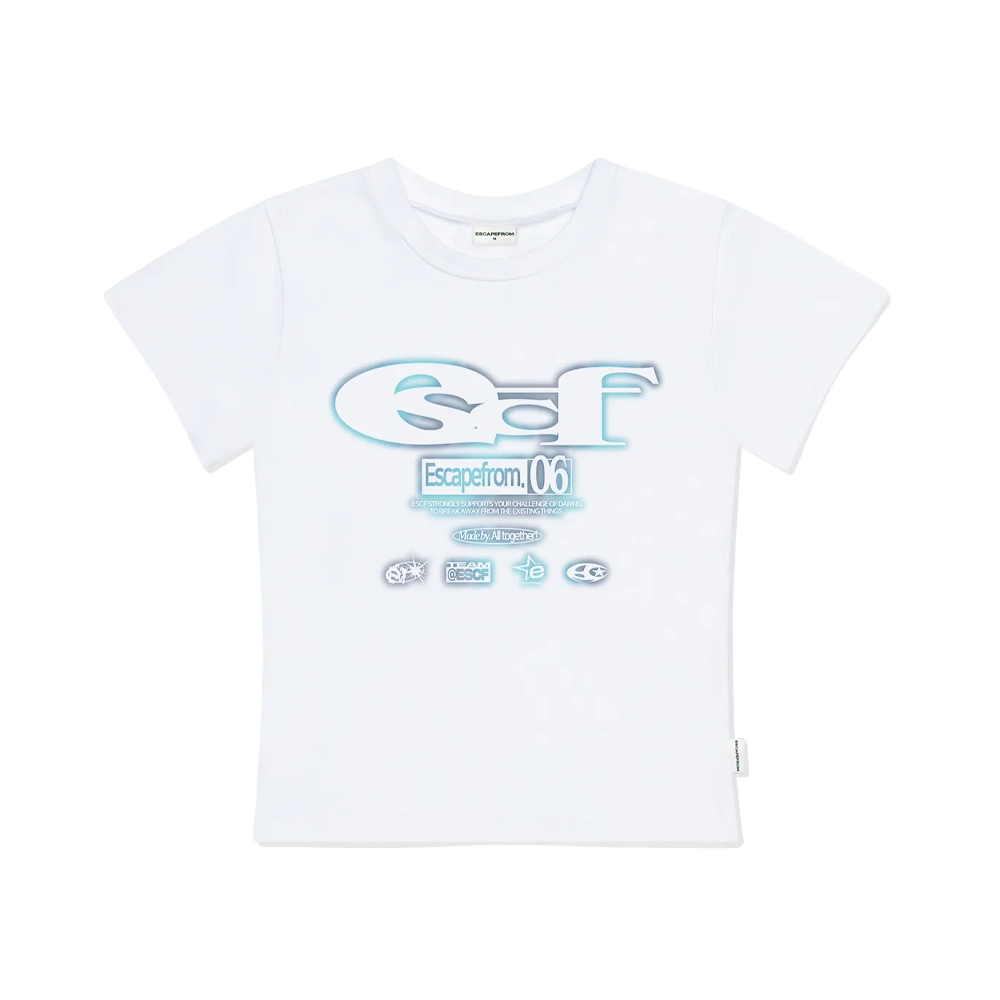 이스케이프프롬 그라데이션 ESCF 로고 콜라주 프린트 슬림핏 반팔티 화이트 | ESCAPEFROM | KREAM