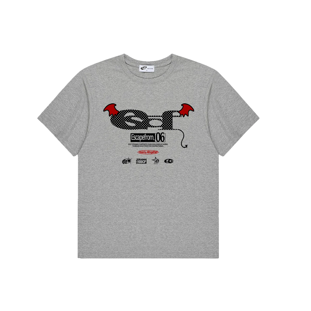이스케이프프롬 데빌 ESCF 로고 콜라주 프린트 오버핏 반팔티 그레이 | ESCAPEFROM | KREAM