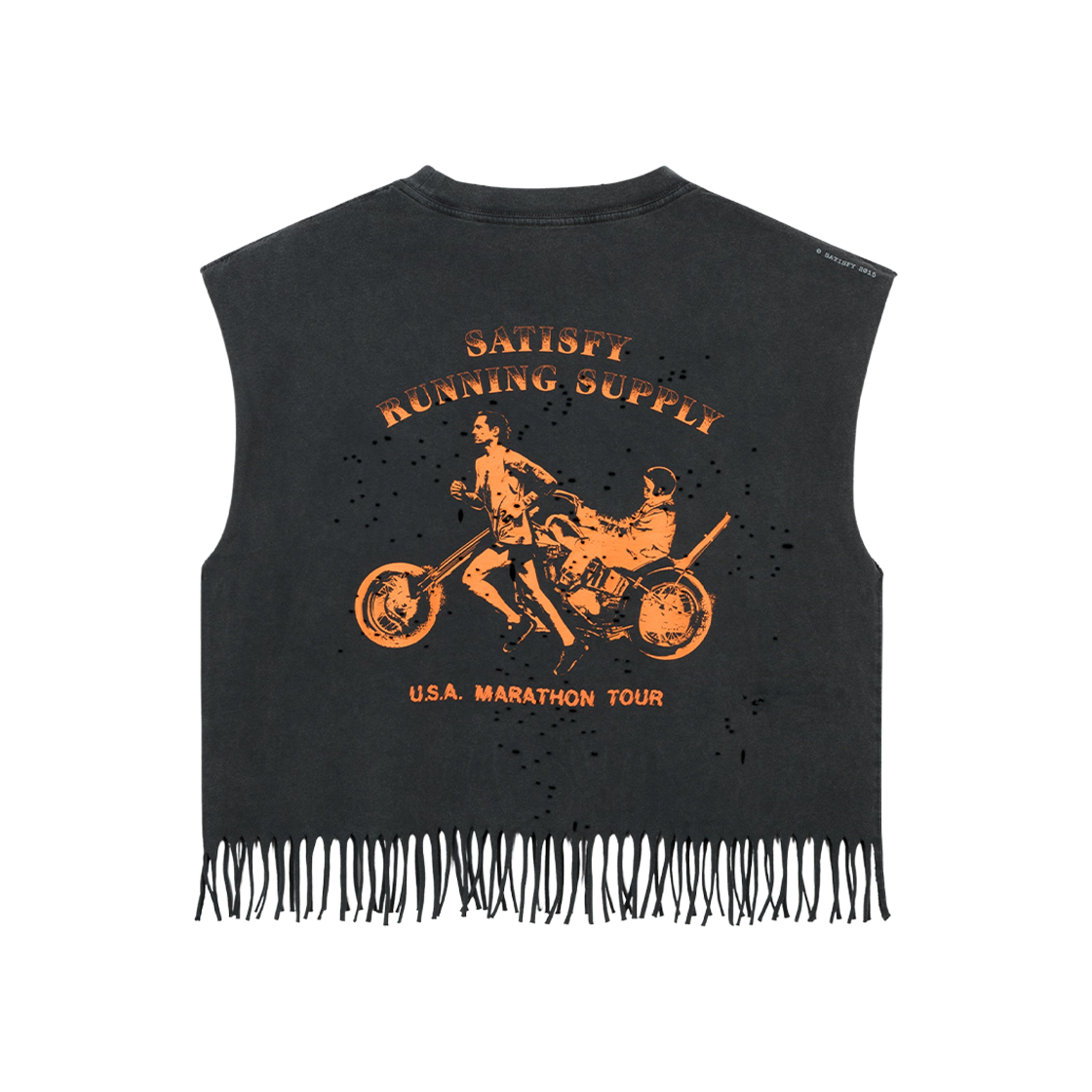 새티스파이 10주년 기념 모스테크 크롭 프린지드 머슬 티셔츠 에이지드 블랙 | Satisfy | KREAM