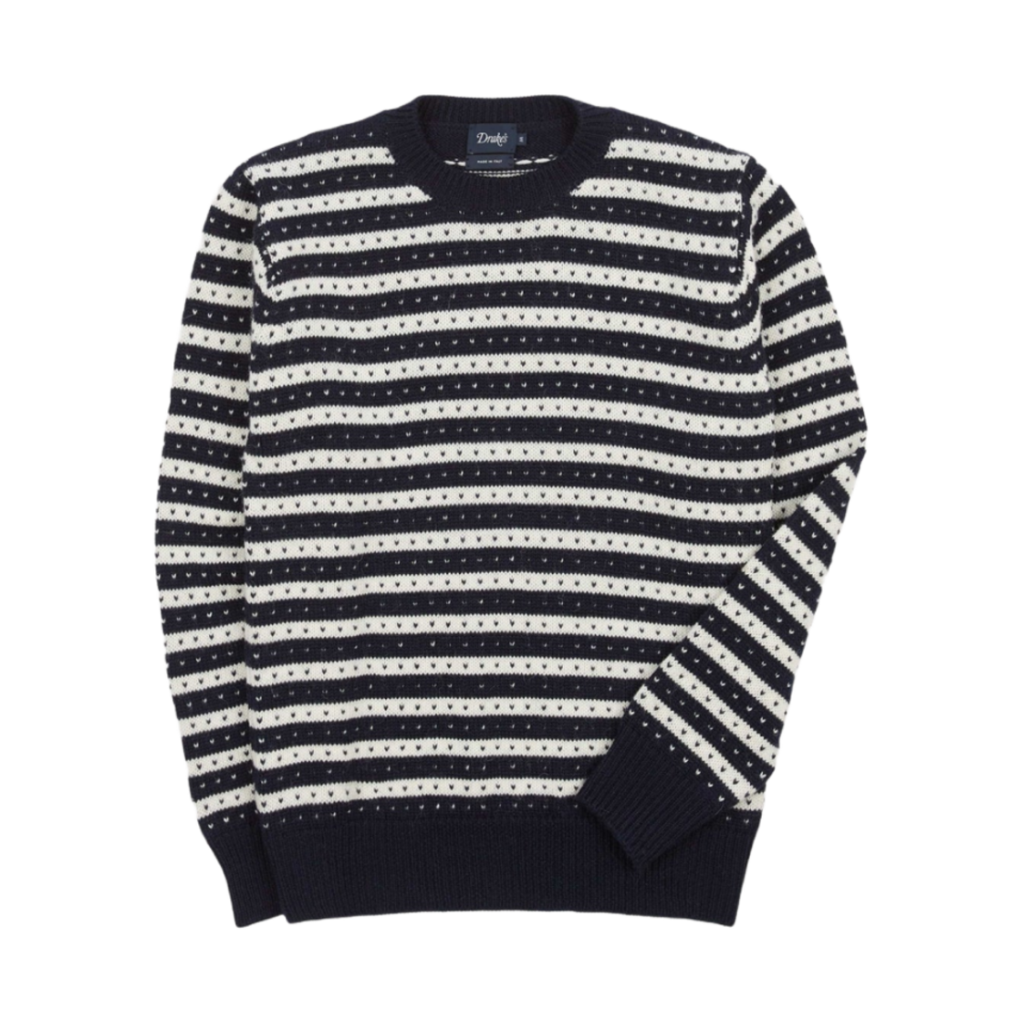 드레익스 노르웨지안 스트라이프 버드아이 울 알파카 크루넥 점퍼 화이트 네이비 | Drake's | KREAM