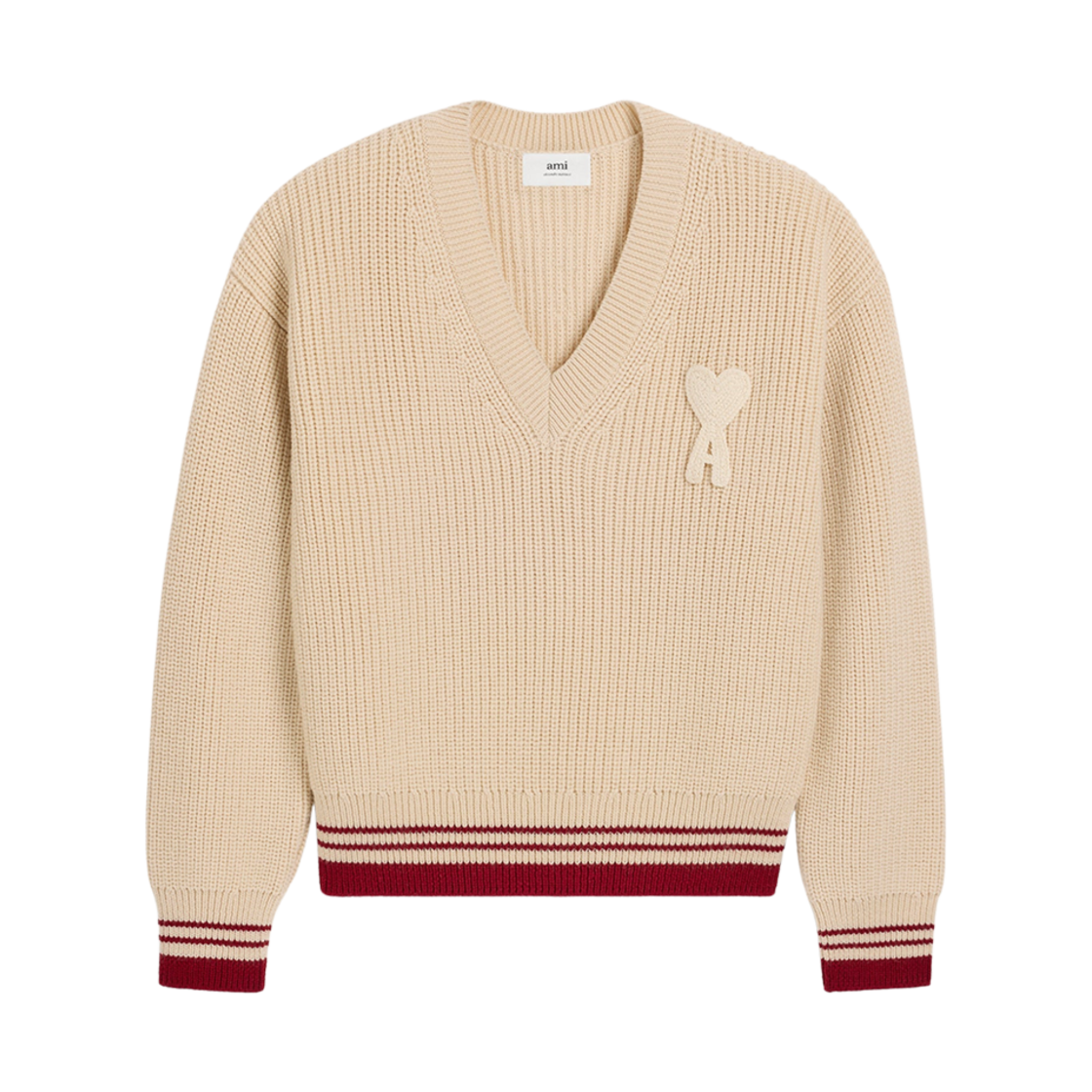 아미 빅 하트 로고 립 울 브이넥 스웨터 블랑 크림 | AMI | KREAM