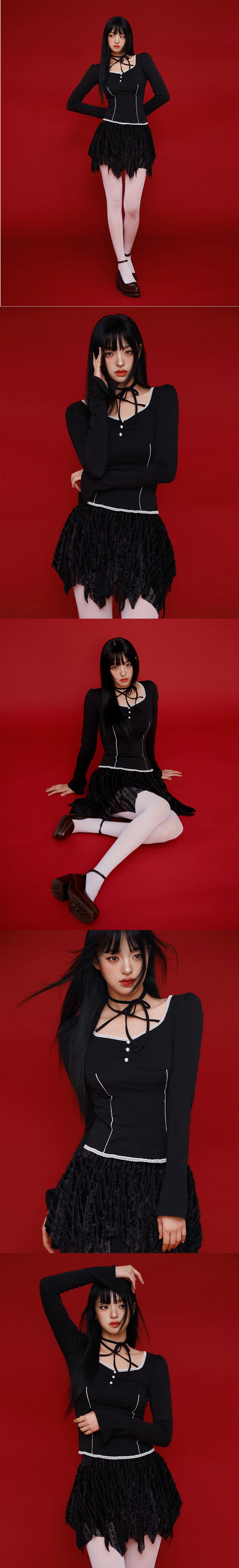 뉴얼린 리즈 셔링 레이스 롱슬리브 블라우스 블랙 | NEWALRIN | KREAM