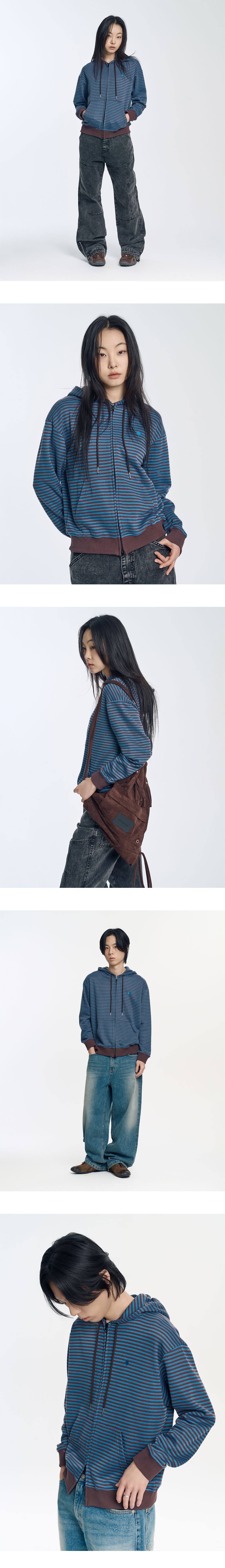 슬로우 레코드 하우스 스트라이프 니트 후드 집업 블루 | SLOW RECORD HOUSE | KREAM