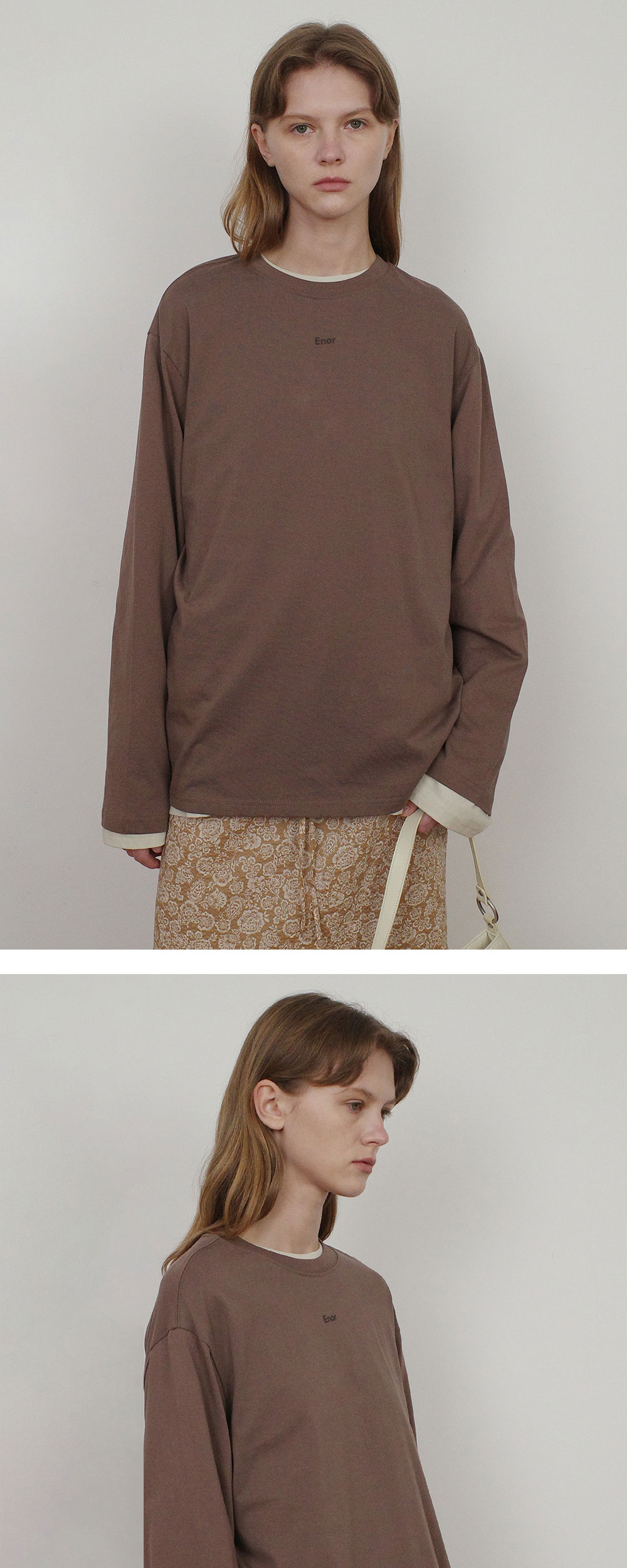 엔오르 우먼 베이직 엔오르 로고 슬리브 티셔츠 브라운 | ENOR | KREAM