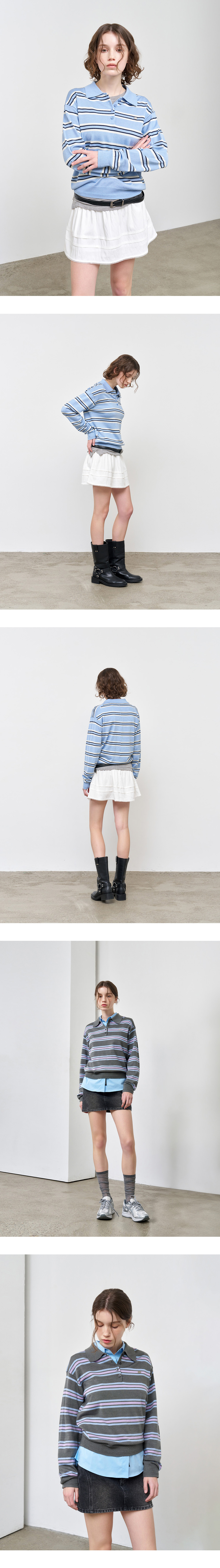 제너럴아이디어 우먼 멀티 스트라이프 루즈 카라 니트 블루 | GENERAL IDEA | KREAM