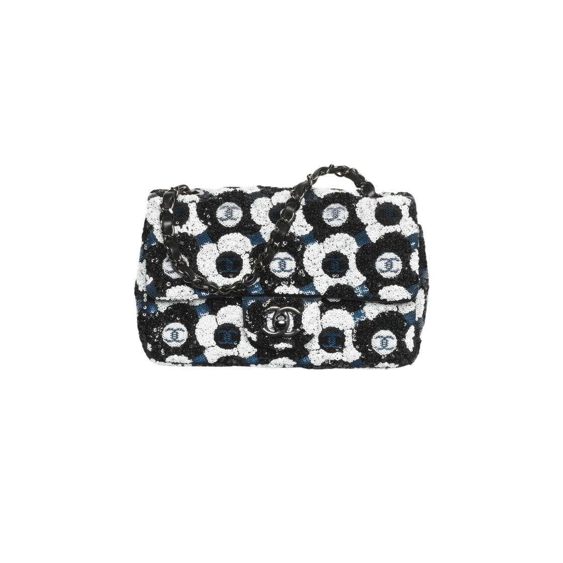 샤넬 스몰 플랩백 시퀸 루테늄 피니쉬 메탈 & 블랙 화이트 블루 | Chanel | KREAM