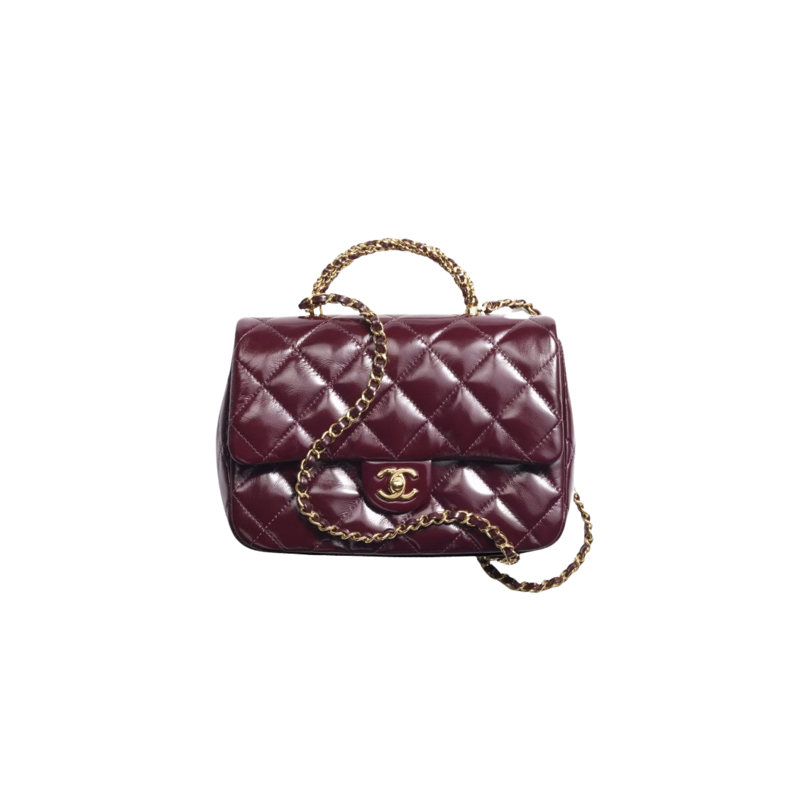 샤넬 핸들 장식의 미니 플랩 백 샤이니 램스킨 & 골드 메탈 버건디 | Chanel | KREAM