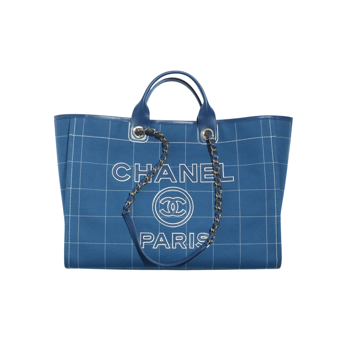 샤넬 맥시 쇼핑백 코튼 카프스킨 & 골드 메탈 블루 화이트 | Chanel | KREAM