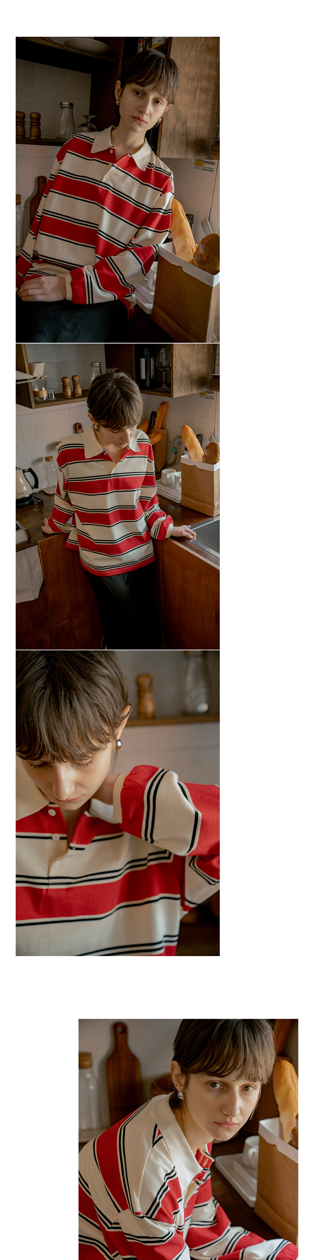 반원 아틀리에 A3509 멀티 스트라이프 칼라 티셔츠 레드 | Vanone Atelier | KREAM