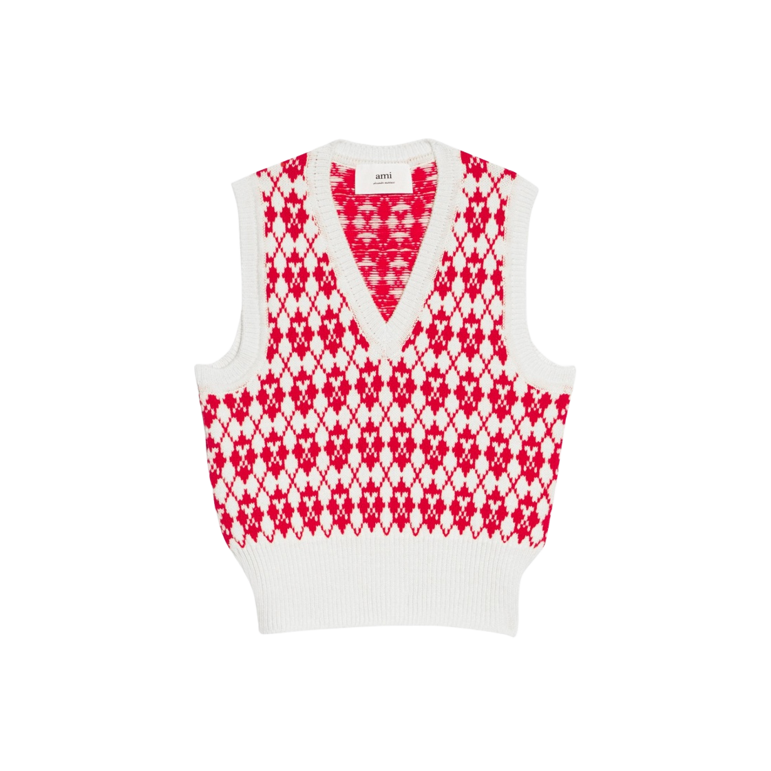 (W) 아미 자카드 브이넥 스웨터 오프 화이트 레드 | AMI | KREAM