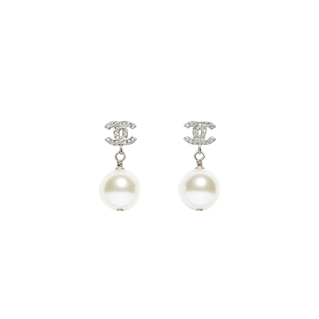 (W) 샤넬 이어링 메탈 글라스 스트라스 & 실버 펄리 화이트 | Chanel | KREAM