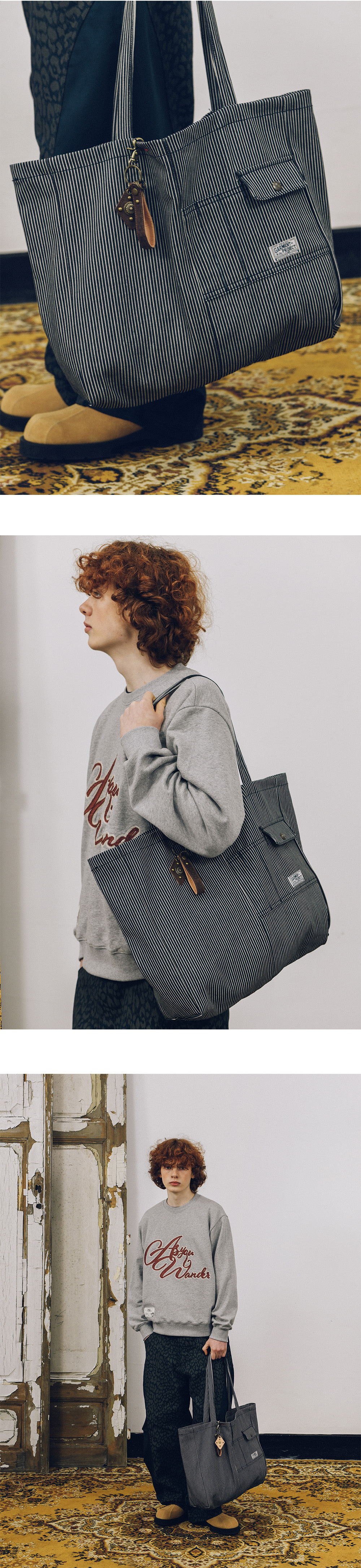 오가프 히코리 스트라이프 데님 에코백 다크블루 | OGARP | KREAM