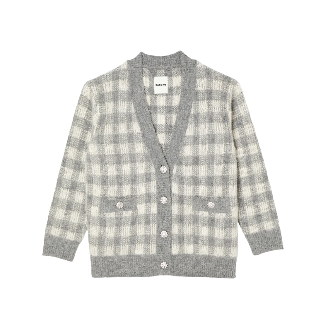 (W) 산드로 체크 자카드 가디건 라이트 그레이 | Sandro | KREAM