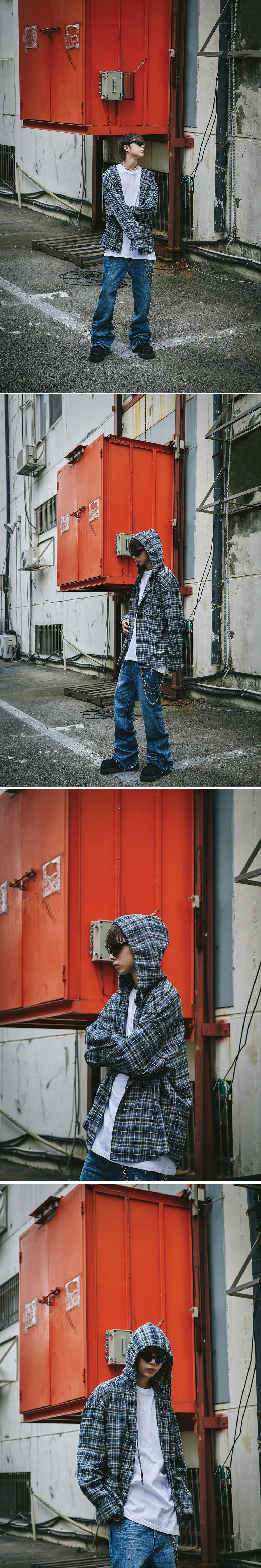 로어링라드 플란넬 체크 오버 후드 셔츠 네이비 | ROARINGRAD | KREAM